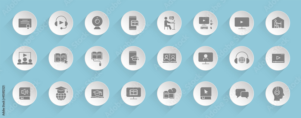 e-learning vector icons on round puffy paper circles with transparent ...