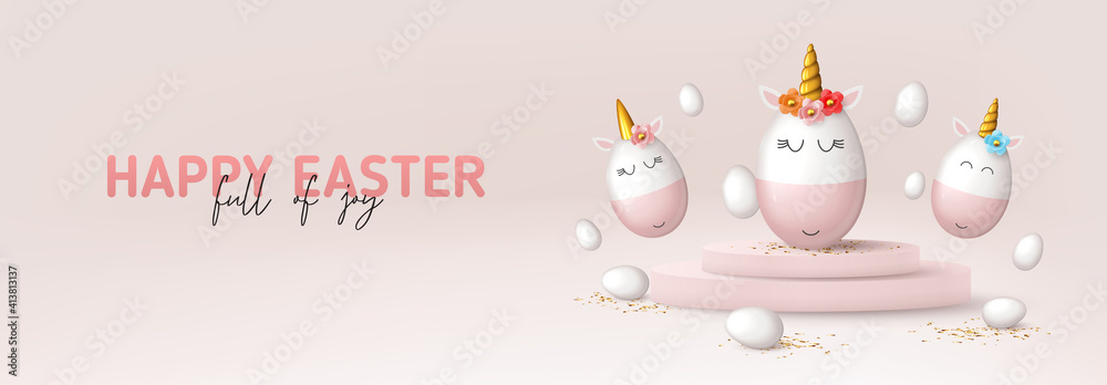 Happy Easter horizontal banner. Cute unicorns from eggs with gold horns ...