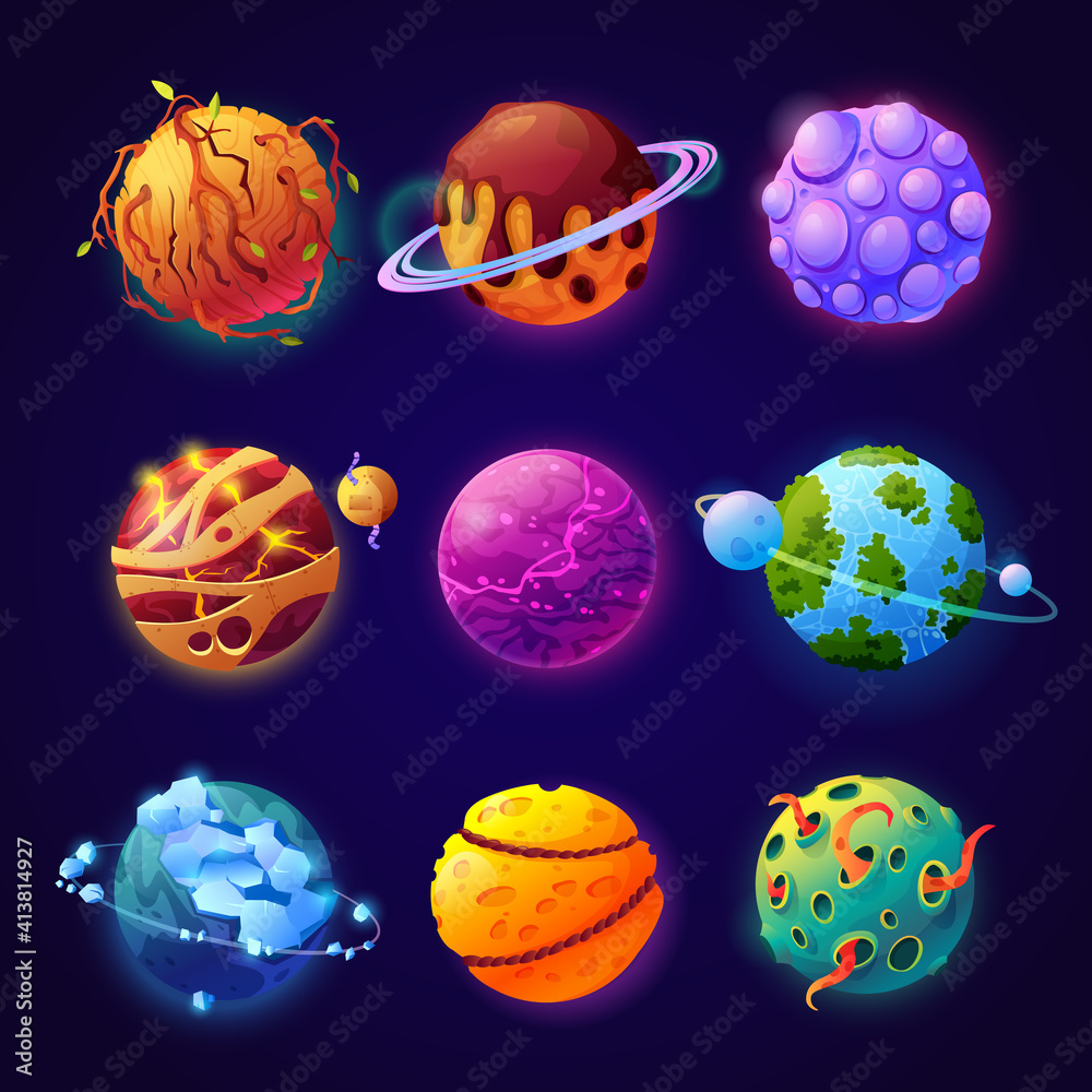 Cosmos with fictional fantasy planets with orbits and satellites. Set ...