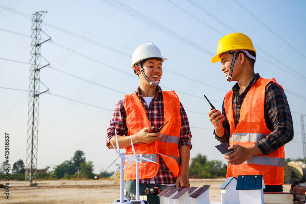 Asian engineer, foreman or leader discussion about home solar cell and ...