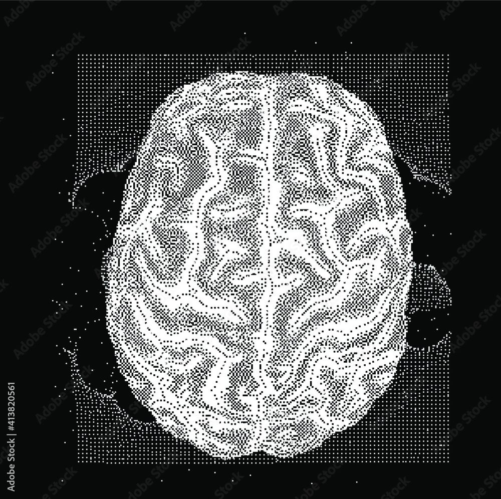 3D vector illustration of brain made of pixels and particles. Concept ...