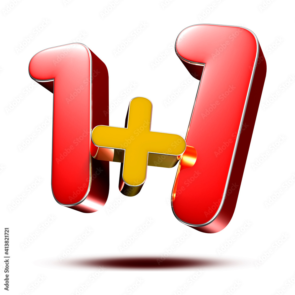 1+1 numbers in a 3D rendering, white background with clipping path ...