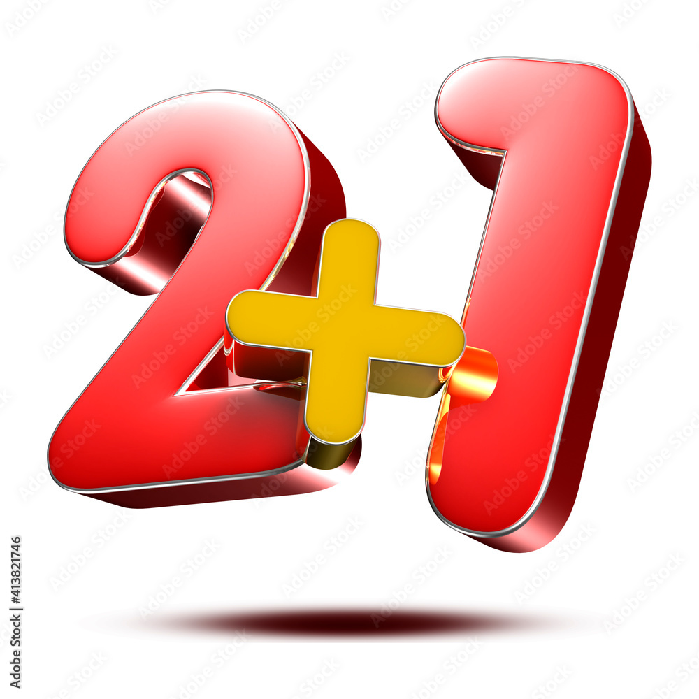 2+1 numbers in a 3D rendering, white background with clipping path ...