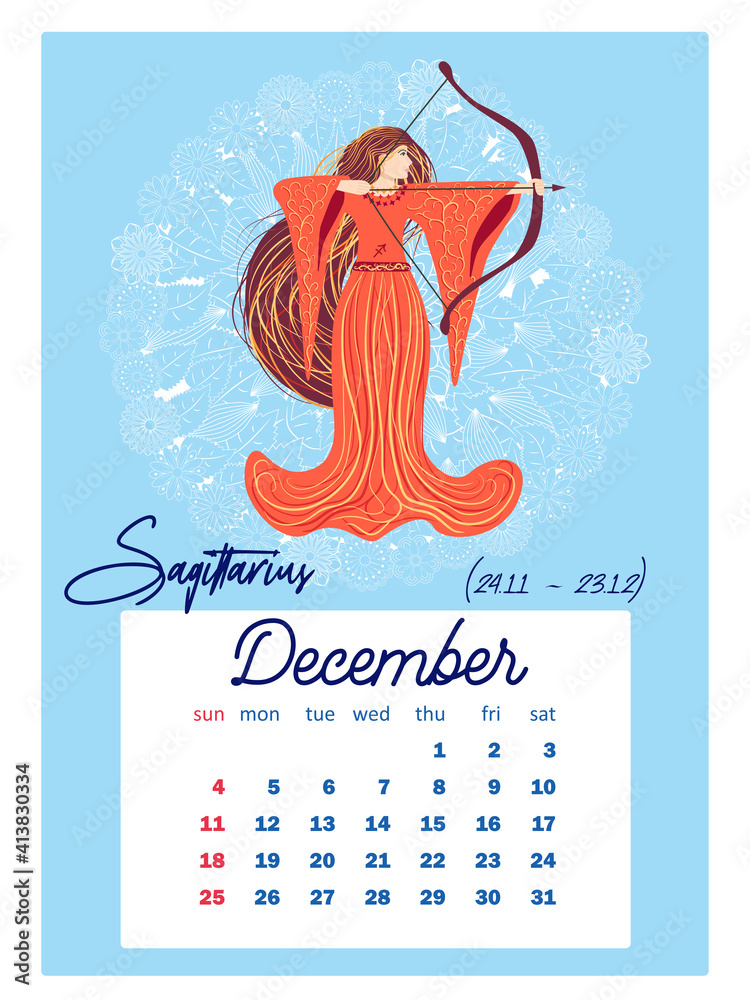 Vetor de Horoscope vertical calendar for 2022, week starts on Sunday ...