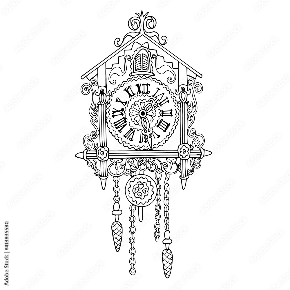 Vintage German cuckoo clock. The carved retro clock is isolated on a ...
