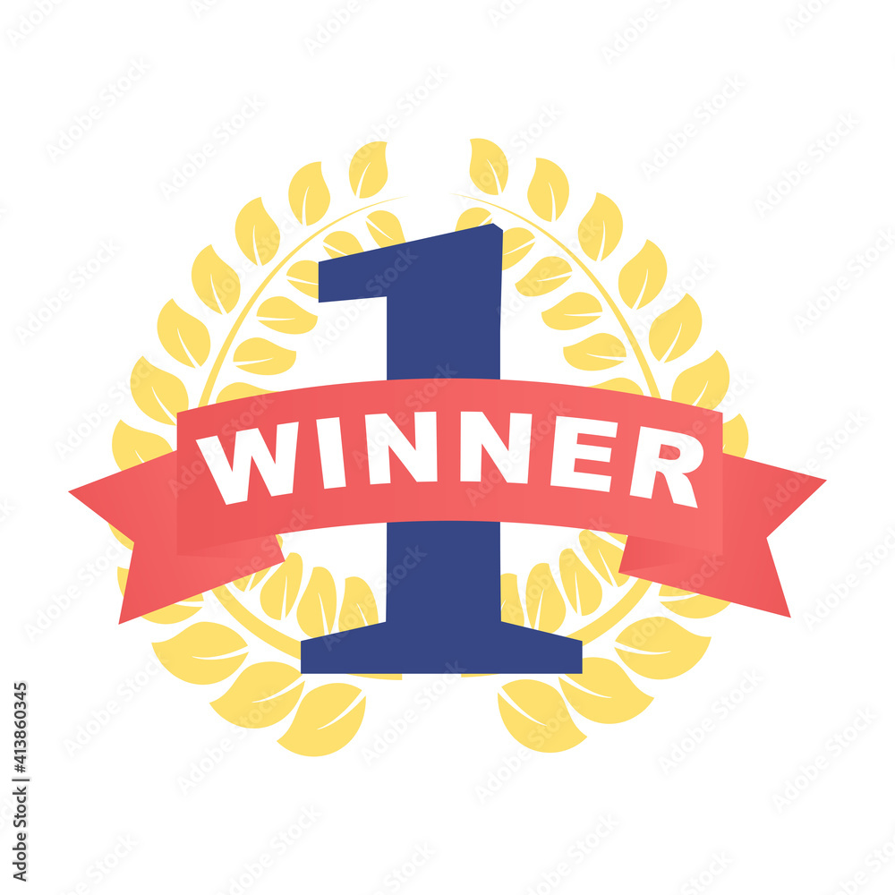 Number one winner icon vector concept. Blue number with yellow laurel ...