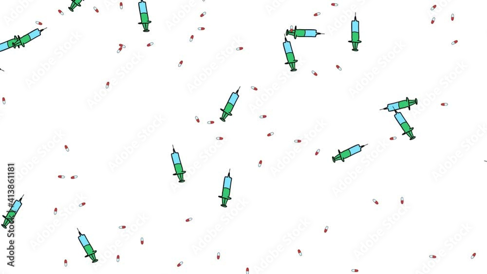 Pills and syringes falling down on white background, hand drawn cartoon ...