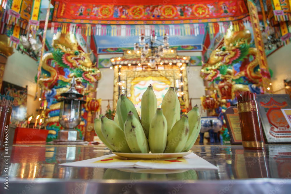 Taoism, bananas of offerings to God inside a temple Stock-Foto | Adobe ...