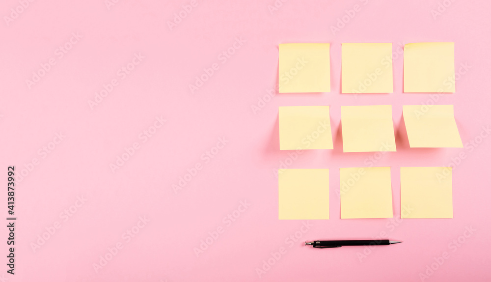 Banner with black pen and clean stickers on a pink background with ...