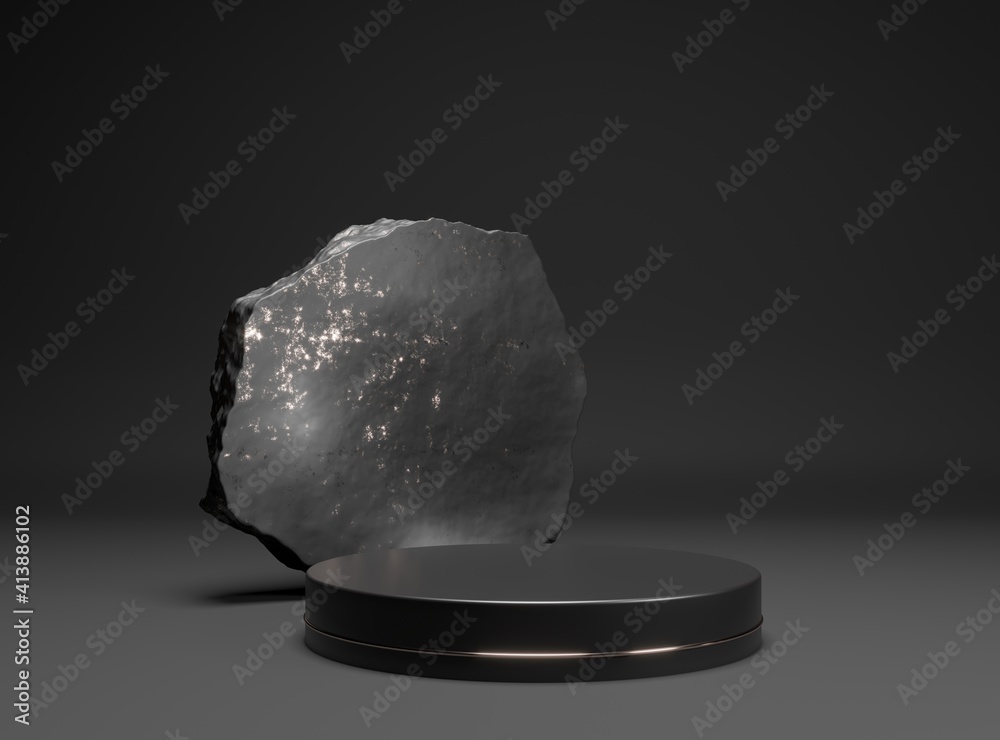 Round rough stone pedestal, black cylinder - 3d render illustration ...