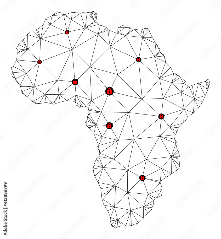 Polygonal mesh lockdown map of Africa. Abstract mesh lines and locks ... Polygonal mesh lockdown map of Africa. Abstract mesh lines and locks ...