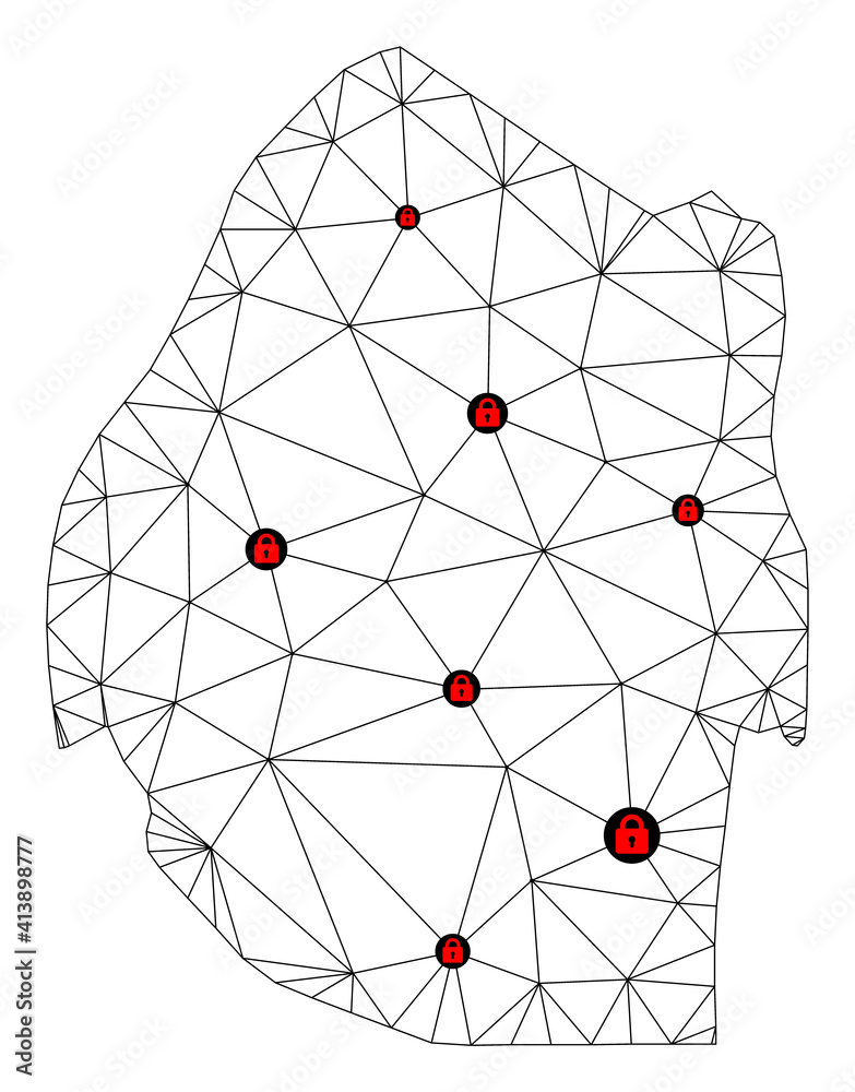 Polygonal mesh lockdown map of Swaziland. Abstract mesh lines and locks ...