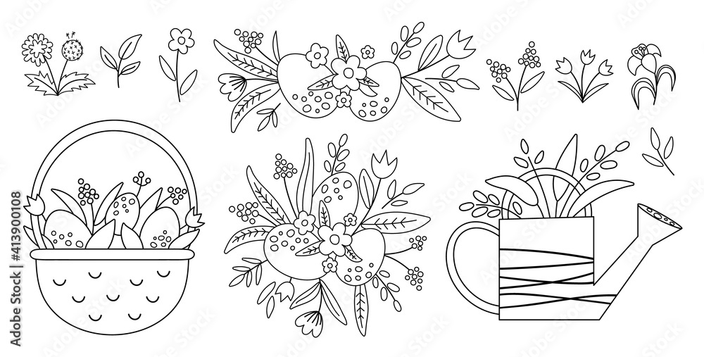 Vector black and white cute garden and Easter icons pack or coloring ...