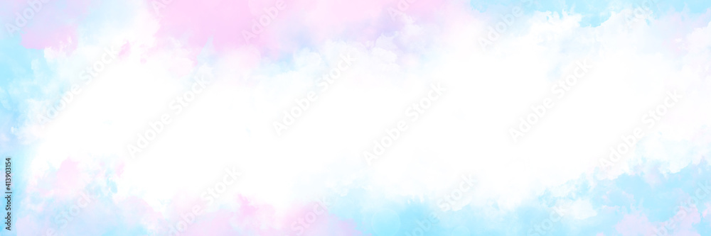 Beautiful watercolor soft pink blue cloudy background with empty white ...