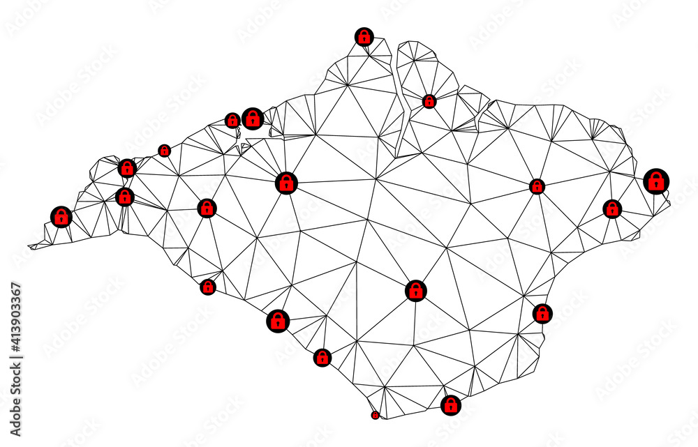 Polygonal mesh lockdown map of Isle of Wight. Abstract mesh lines and locks form map of Isle of ...