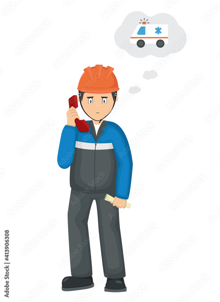 Work safety and accident. Emergency call. First aid, call an ambulance ...