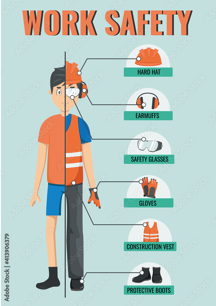 Construction worker wearing hard hat, gloves, earmuffs, protective ...