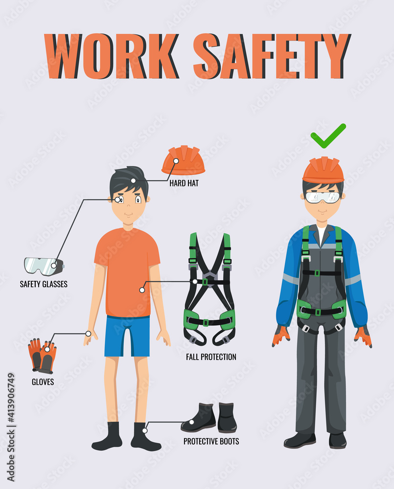 Vetor de Work safety poster. Fall protection. Construction worker in ...