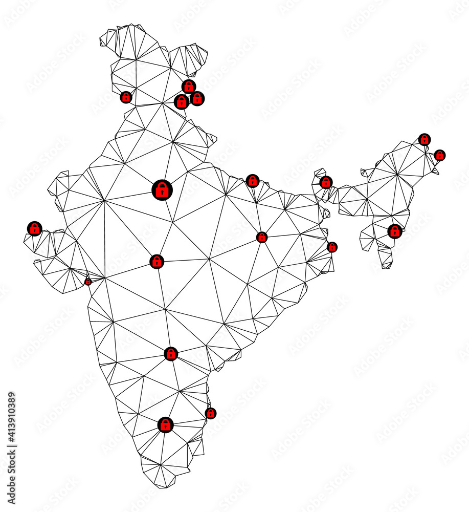 Polygonal mesh lockdown map of India. Abstract mesh lines and locks ... Polygonal mesh lockdown map of India. Abstract mesh lines and locks ...
