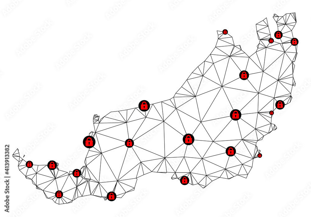 Polygonal mesh lockdown map of Sarawak. Abstract mesh lines and locks ... Polygonal mesh lockdown map of Sarawak. Abstract mesh lines and locks ...