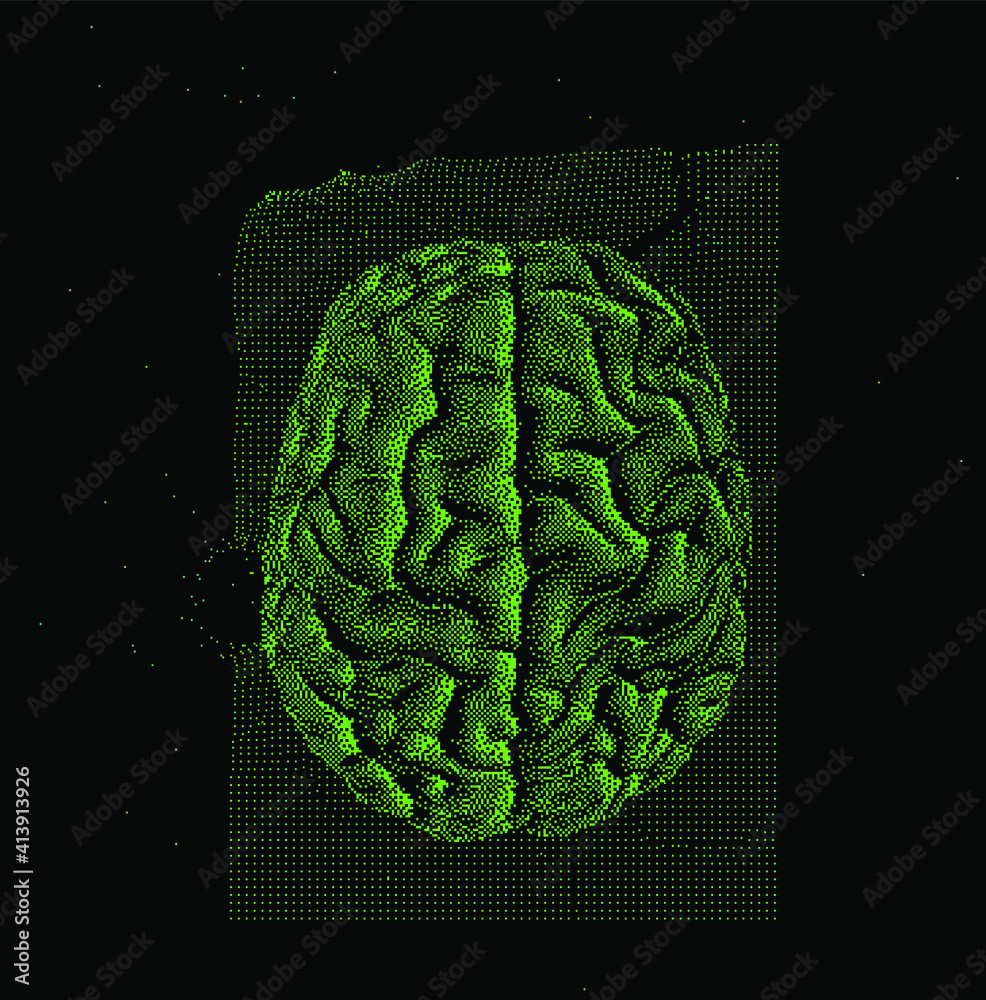 3D vector illustration of brain made of pixels and particles. Concept ...