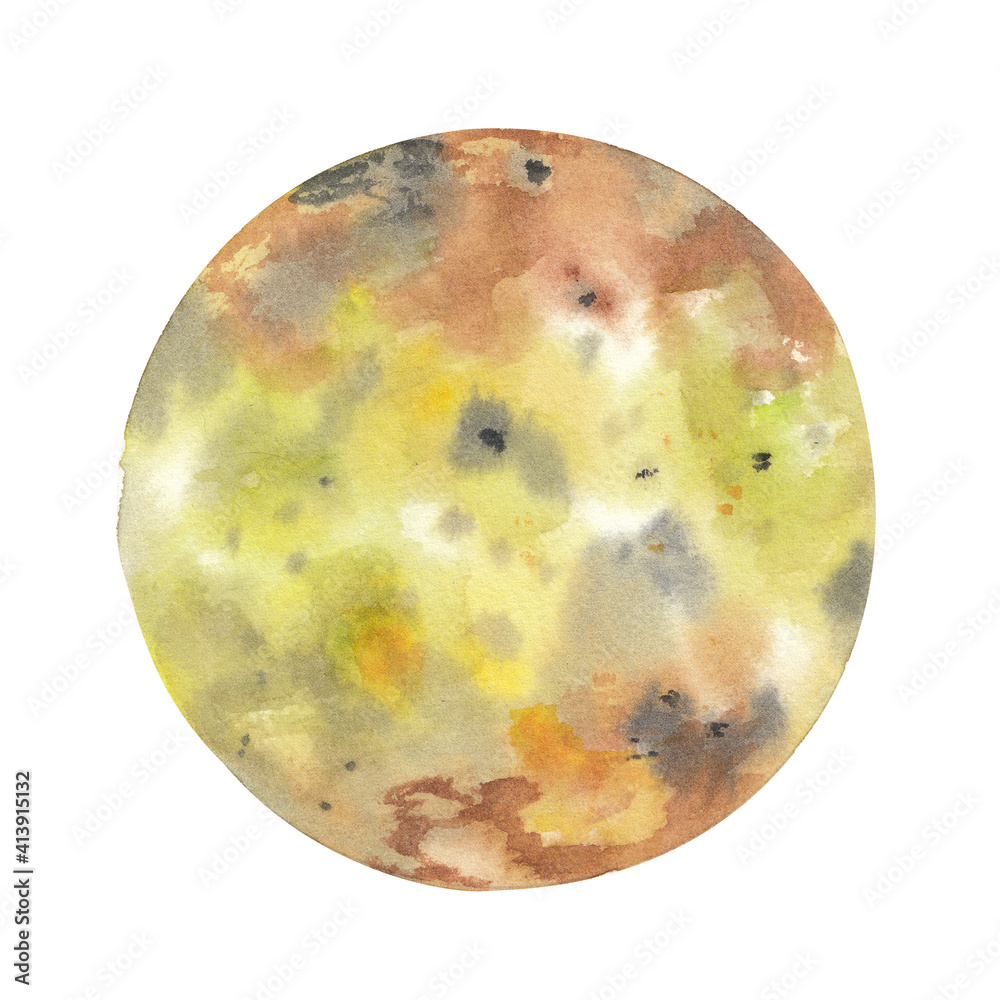 Watercolor illustration of Io - moon of the Jupiter Hand drawn hand ...