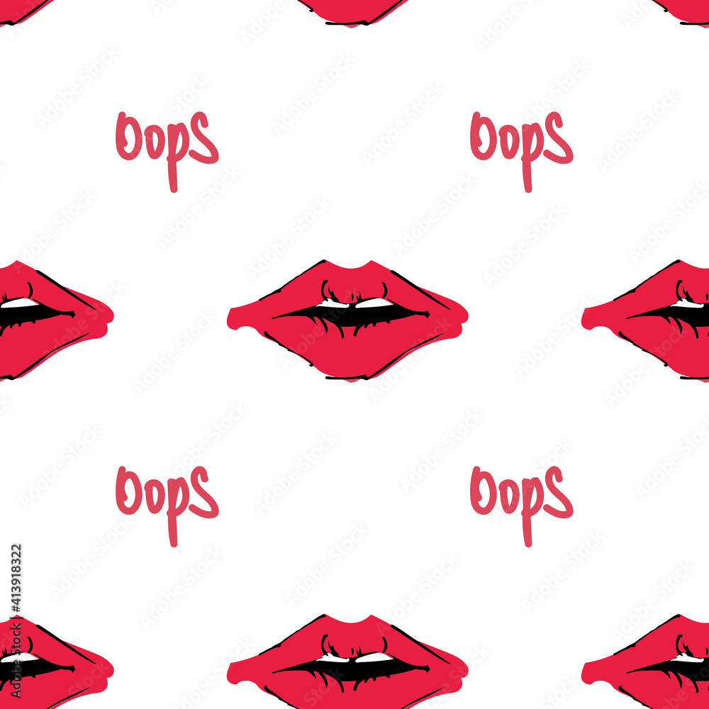 Background with lips and the word oops. Pattern for wrapping paper ...