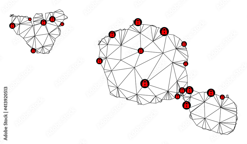 Polygonal mesh lockdown map of Tahiti and Moorea islands. Abstract mesh lines and locks form map ...