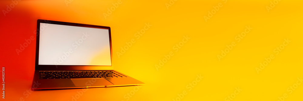 Slim modern laptop with white screen Mockup set against bright, red ...