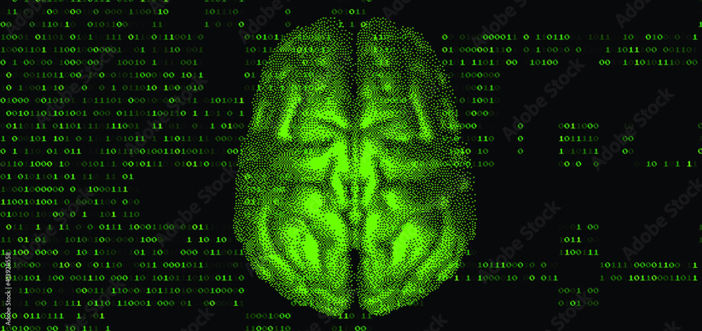 Human brain on the dark background with binary code. 3D illustration of ...
