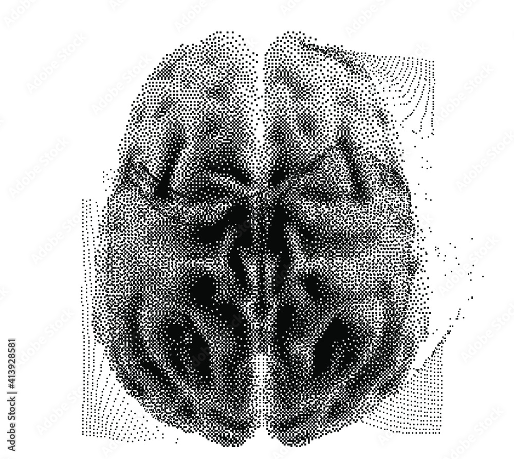 3D vector illustration of brain made of pixels and particles. Concept ...
