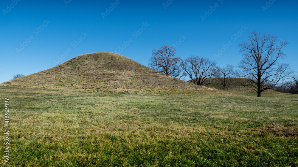 Series of small hills and trees form landscape at Cahokia Mounds State ...