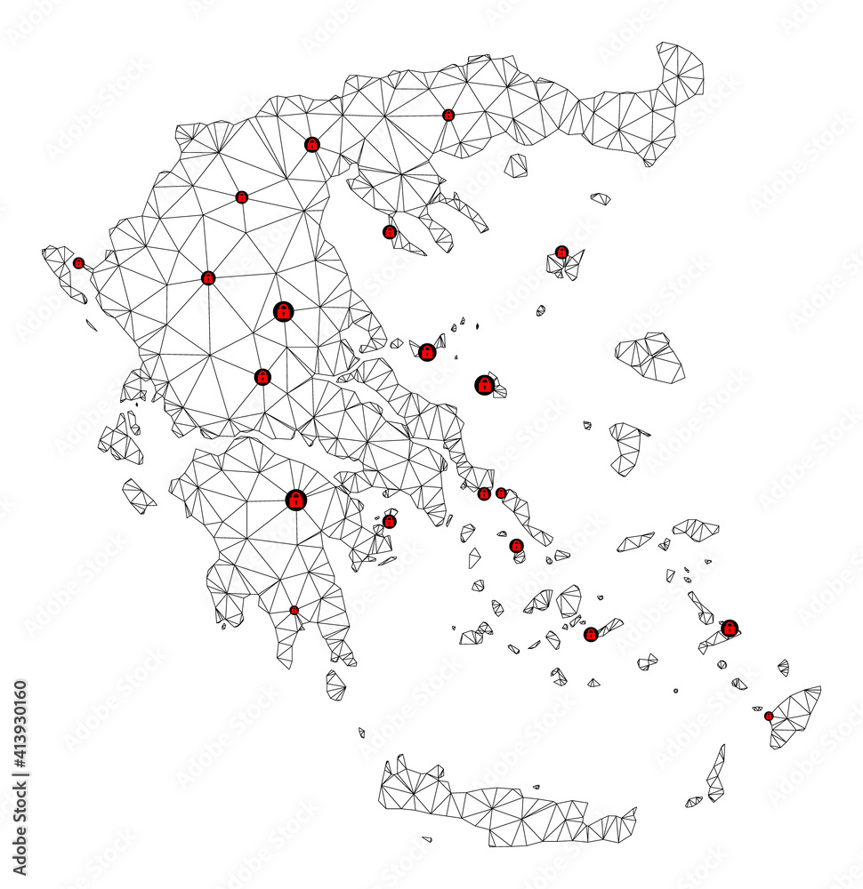 Polygonal mesh lockdown map of Greece. Abstract mesh lines and locks ...