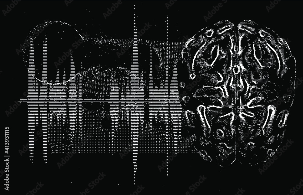 3D vector illustration of brain made of pixels and particles. Concept ...