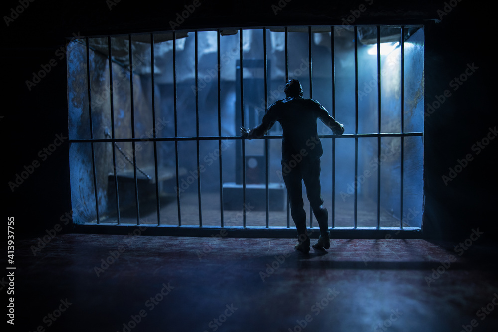 Jail or prison cell. Obsolete gray grunge concrete room. Creative ...