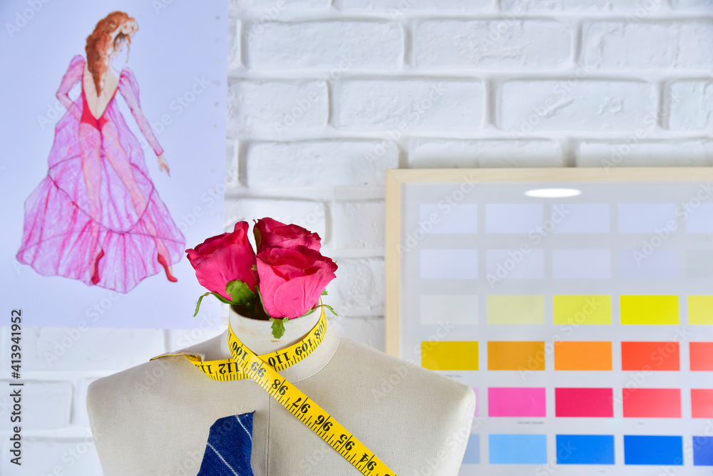 Beige sewing mannequin, on white brick background, white floor, with ...