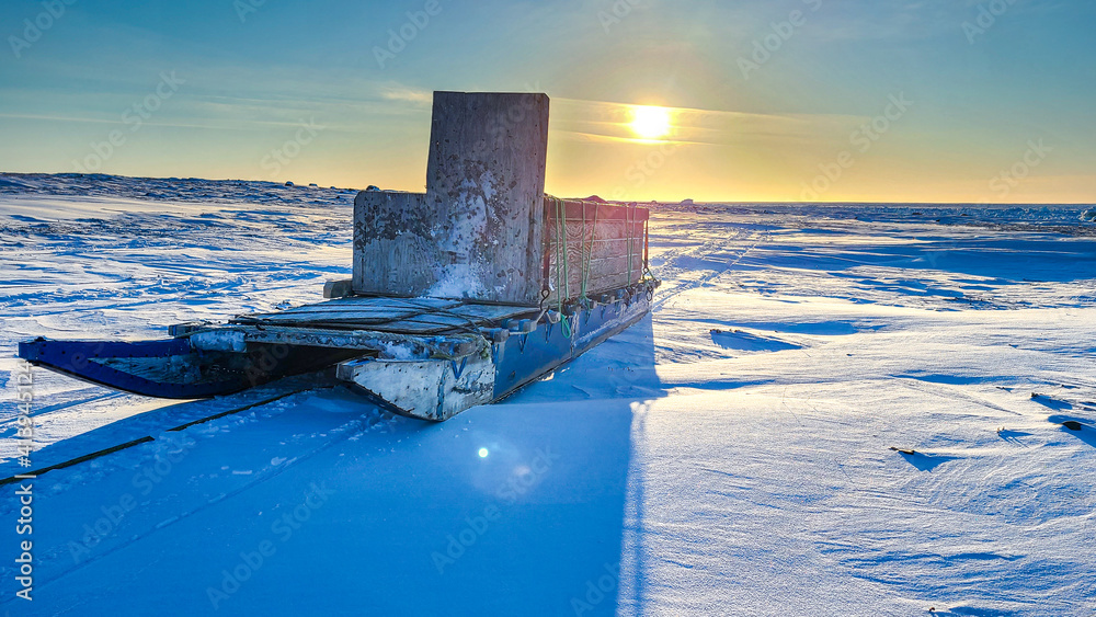 Qamutiik on the polar ice at sunset. These sleds are what are used in ...