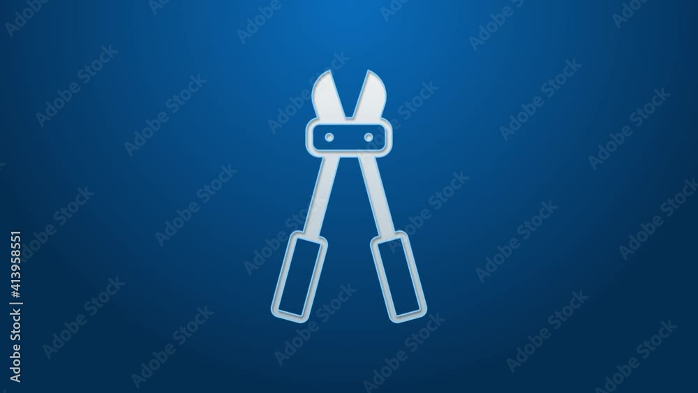 White line Bolt cutter icon isolated on blue background. Scissors for ...