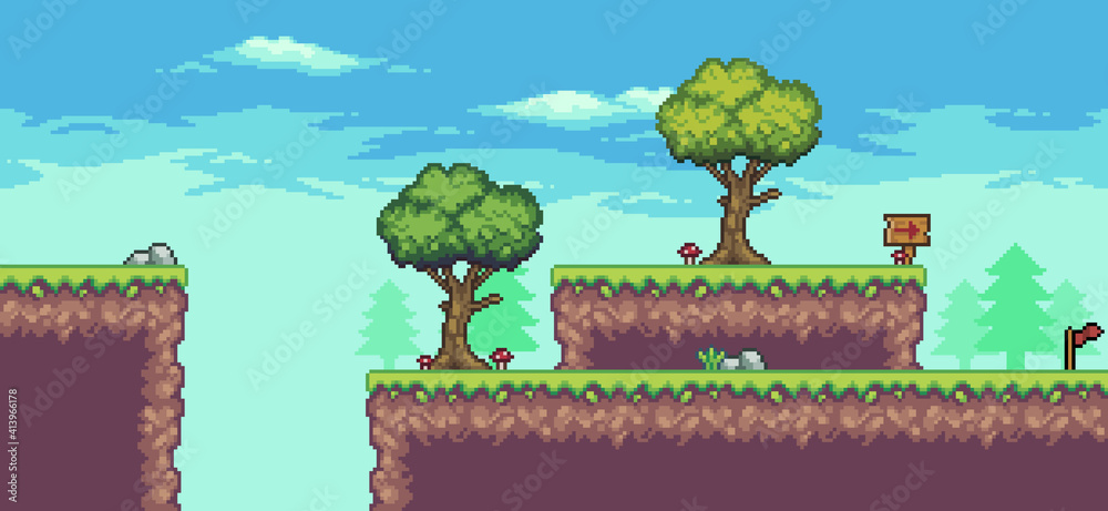 Pixel art arcade game scene with trees, clouds, board, stones and flag ...