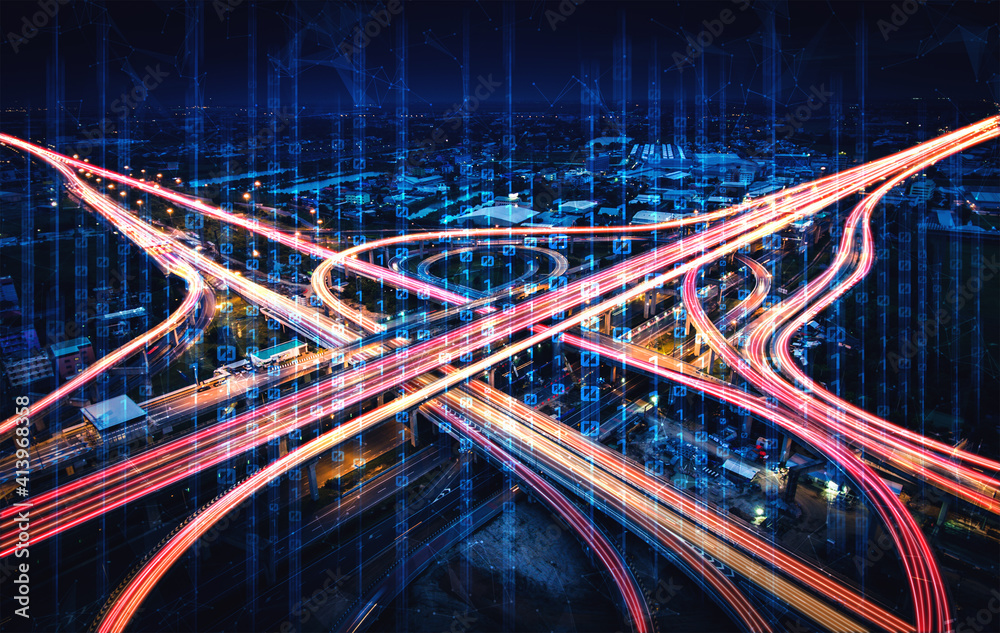 Futuristic road transportation technology with digital data transfer ...