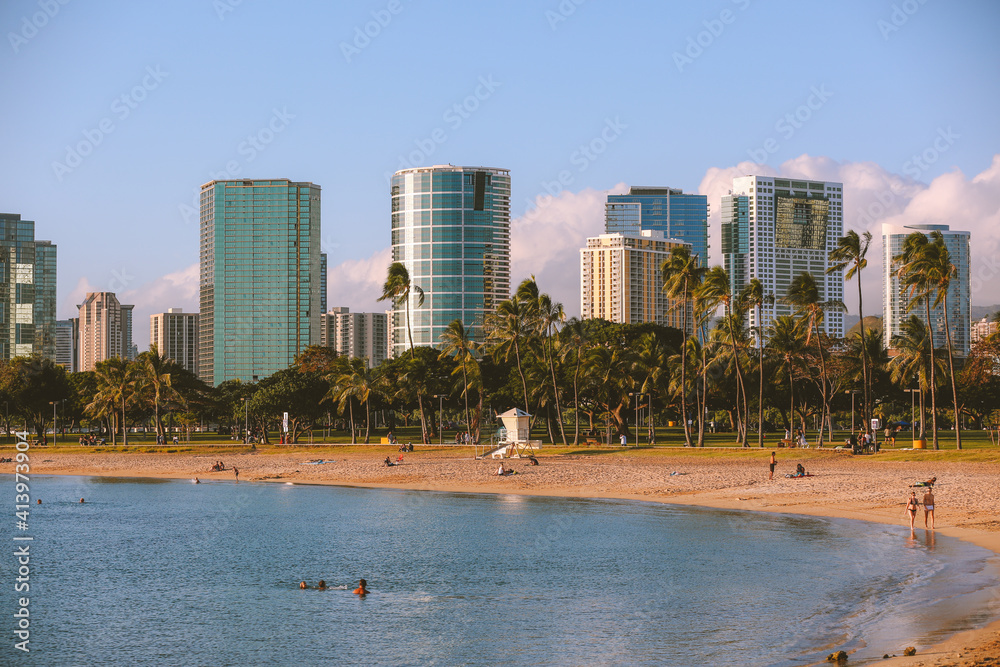 Magic Island lagoon, Ala Moana Regional Park, Honolulu Oahu Hawaii ...