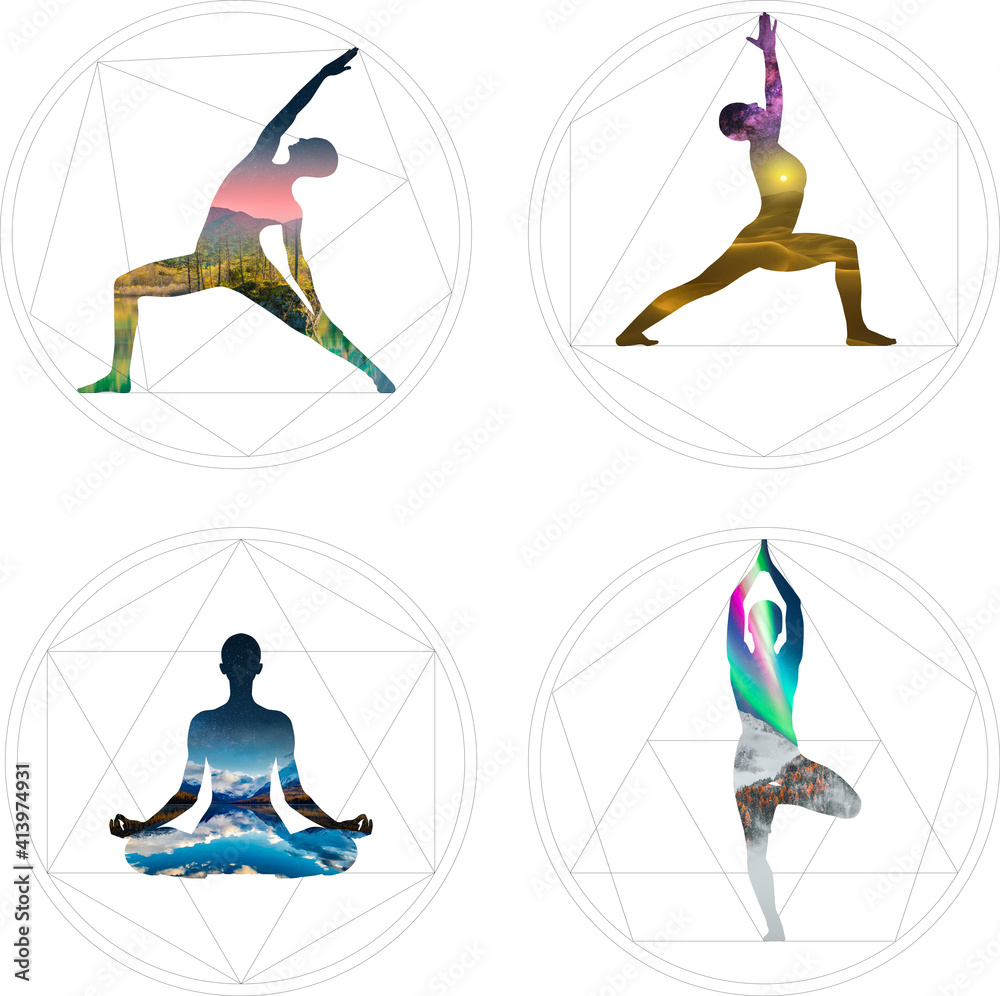 This image depicts four common yoga poses. Warrior 1, Lotus, Tree ...