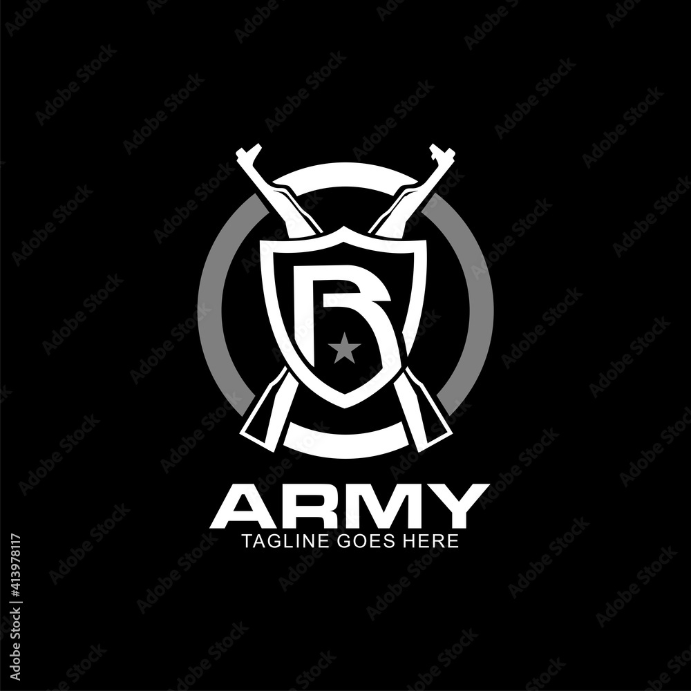 R initial logo design with gun and shield concept for army and gaming ...