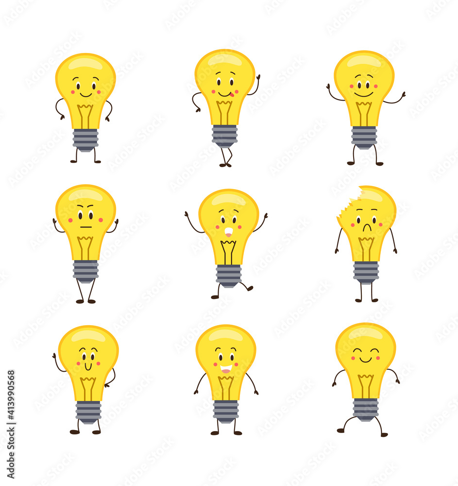 Set cartoon characters of bulb with funny face, flat vector ...