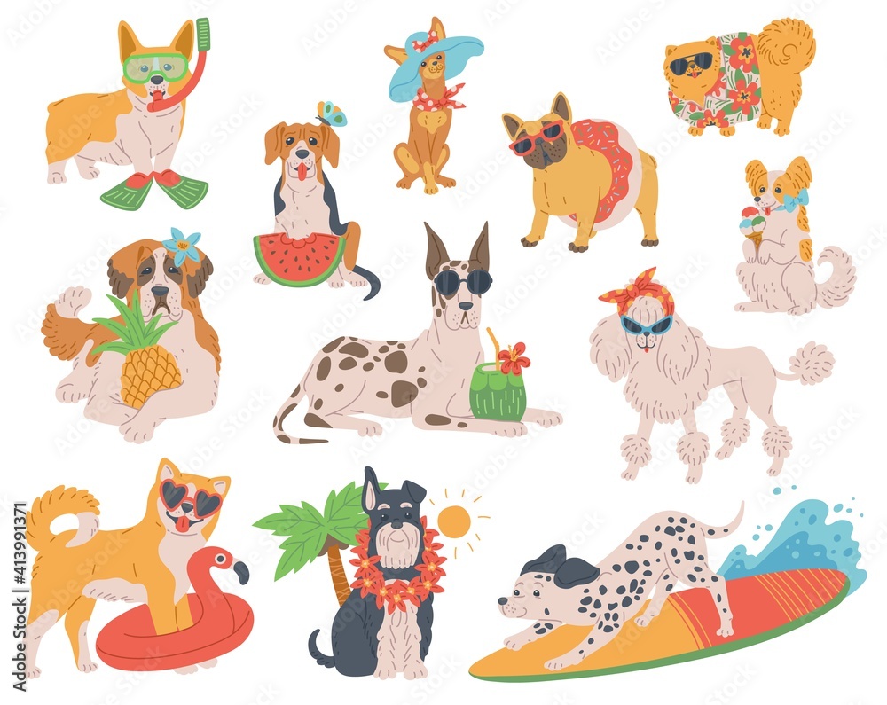 Set of funny dogs on summer vacation flat vector illustration isolated ...