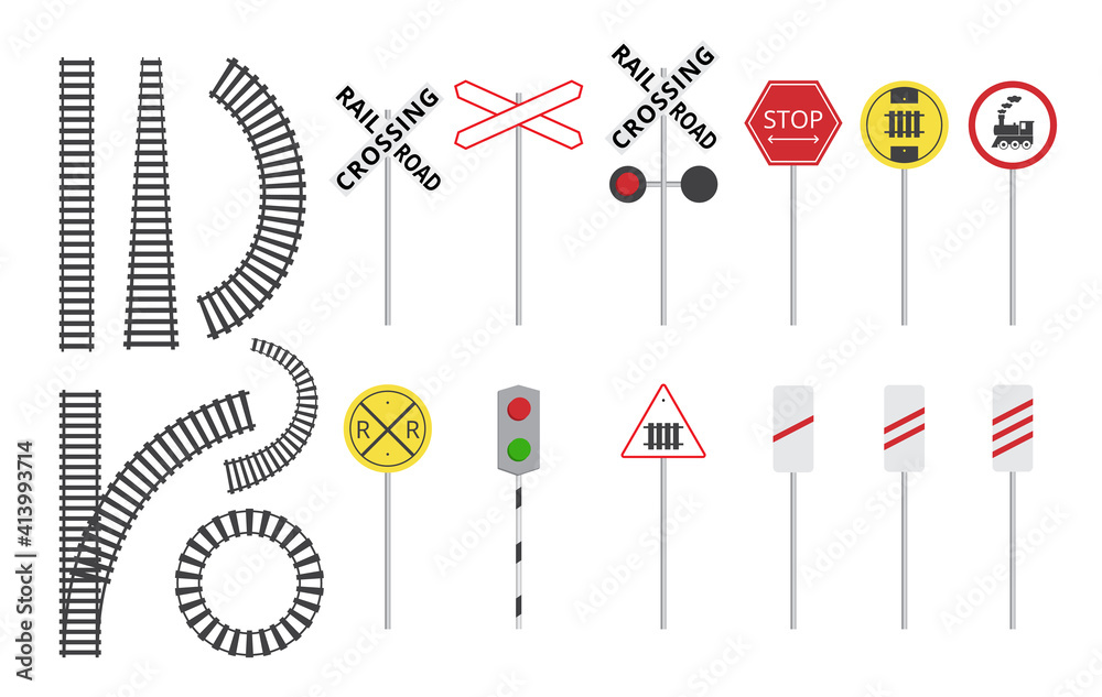 Train railroad sign set - isolated rail tracks and warning road signs ...