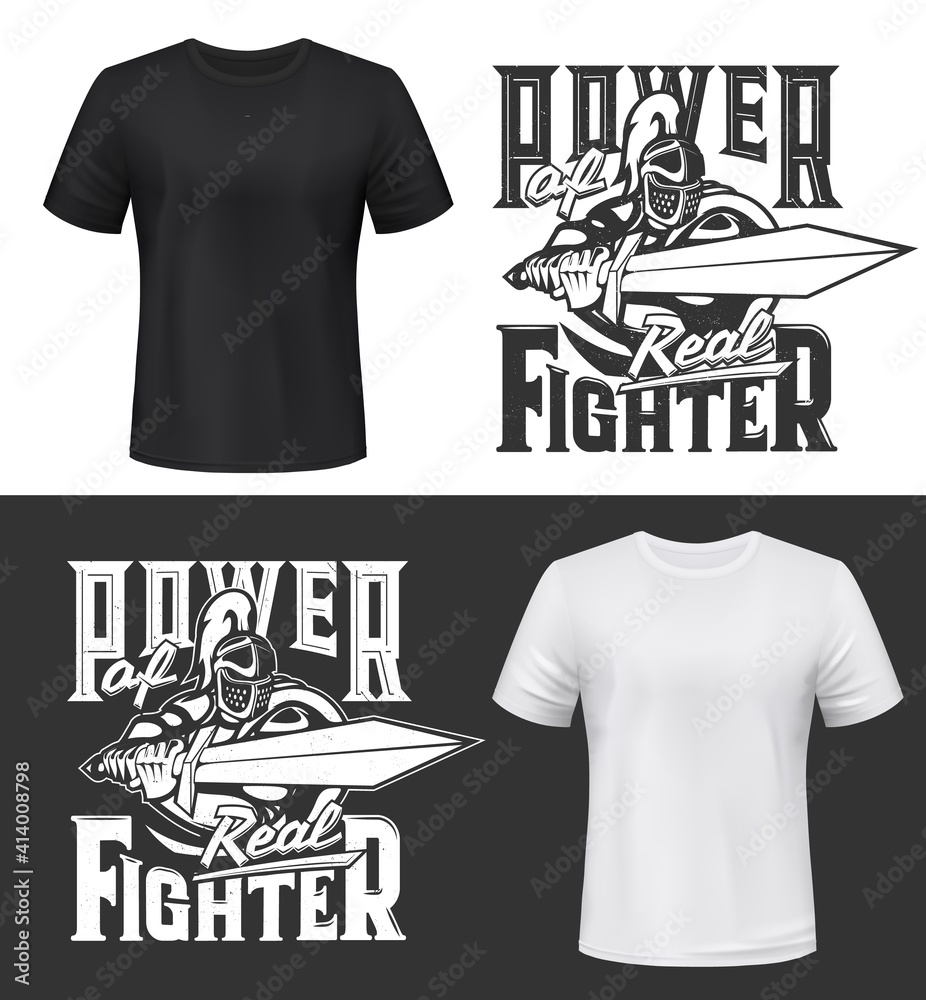 Tshirt print with knight and sword vector mockup, fight club mascot ...