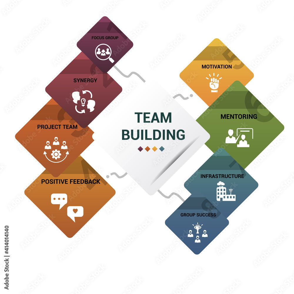 Infographic Team Building template. Icons in different colors. Include ...