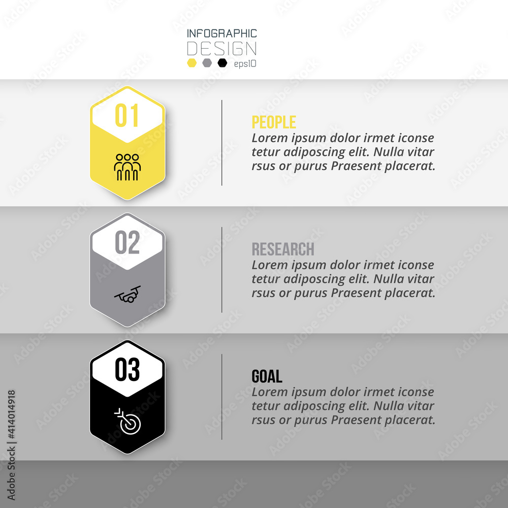 3 steps of hexagon design, presenting information or setting business ...