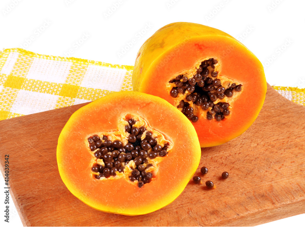 Half cut of ripe papaya with seeds isolated on white background. Stock ...